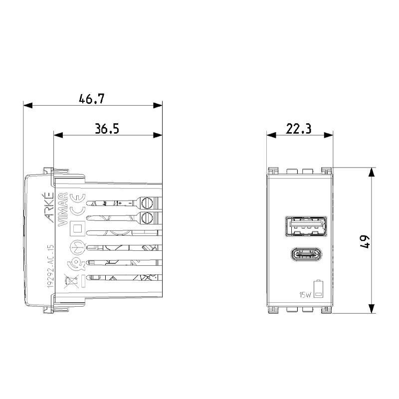 Vimar Arke USB A+C Socket 15W 5V 1M Grey 19292.AC.15